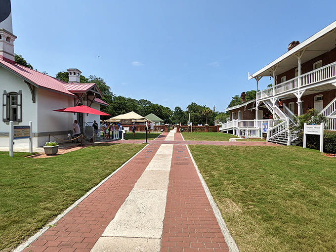 The manicured grounds prove that historic preservation and beautiful landscaping can coexist, creating spaces where past and present shake hands.