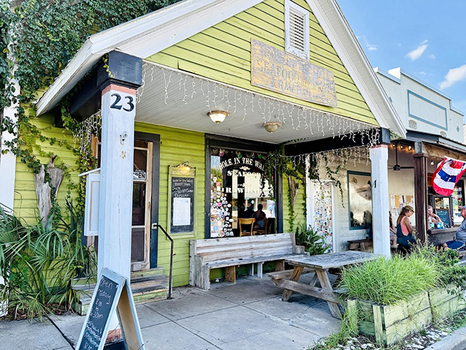 The weathered bench outside invites you to sit a spell, either in anticipation or in satisfied reflection.