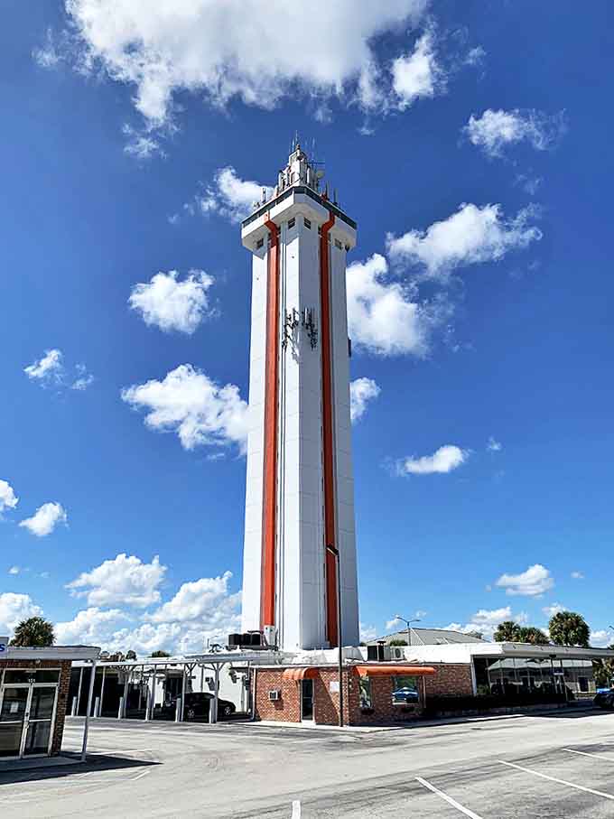 Sunny Tower View: Against a perfect Florida blue sky, the tower stands proudly, telecommunications equipment now crowning what was once purely an observation platform.