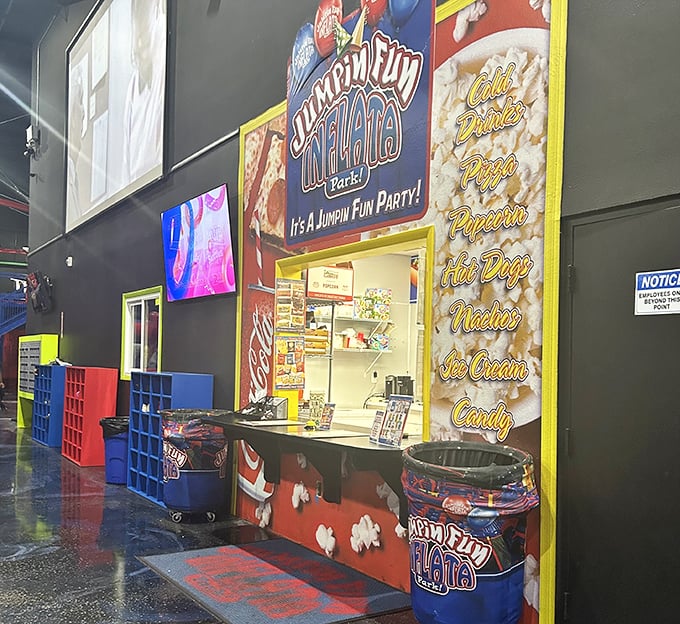 The concession stand tempts with classic comfort foods, because all that bouncing builds an appetite worthy of carnival treats.