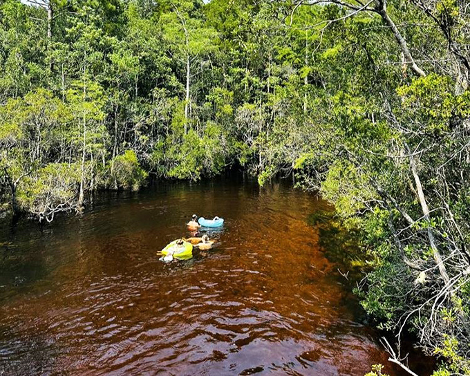Summer bliss defined: colorful tubes float lazily down Turkey Creek's amber waters, carrying sun-soaked adventurers through nature's waterpark.