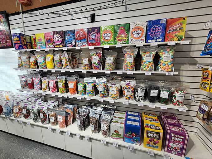 Candy bag central: Shelves of pre-packaged treats for those who prefer their sugar with a side of convenience.
