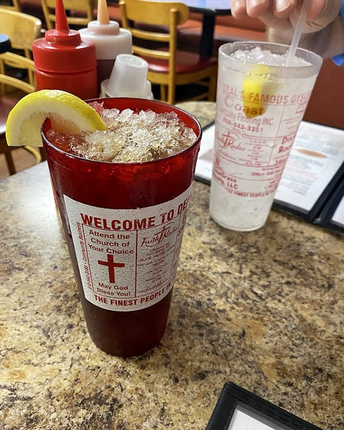 Sweet tea served in glasses large enough to require a lifeguard, with religious messaging that reminds you to be thankful for such bounty. Hydration with a side of gratitude.
