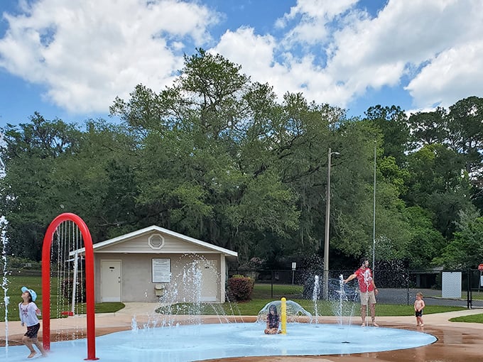 Fountains create a watery wonderland against a backdrop of Florida greenery, proving that the simplest pleasures often create the strongest memories.