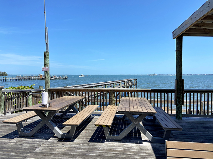 Wooden picnic tables on the deck offer front-row seats to nature's aquatic show, where pelicans might dive while you dine.