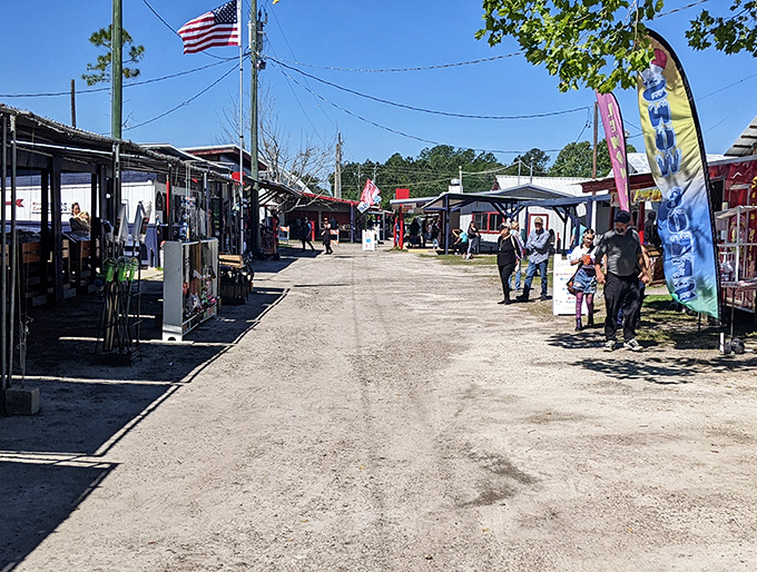 The market's main thoroughfare buzzes with weekend energy as families and solo shoppers alike navigate between permanent stalls and pop-up vendors under the Florida sky.
