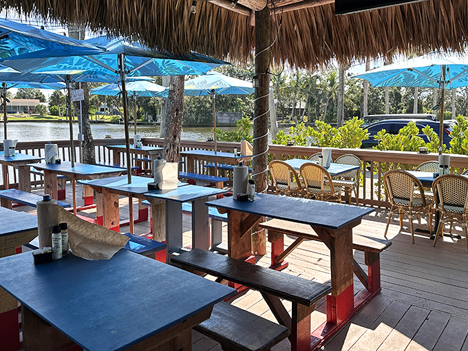 The outdoor deck offers front-row seats to waterfront dining &ndash; where the gentle creek provides both scenery and the day's fresh catch.