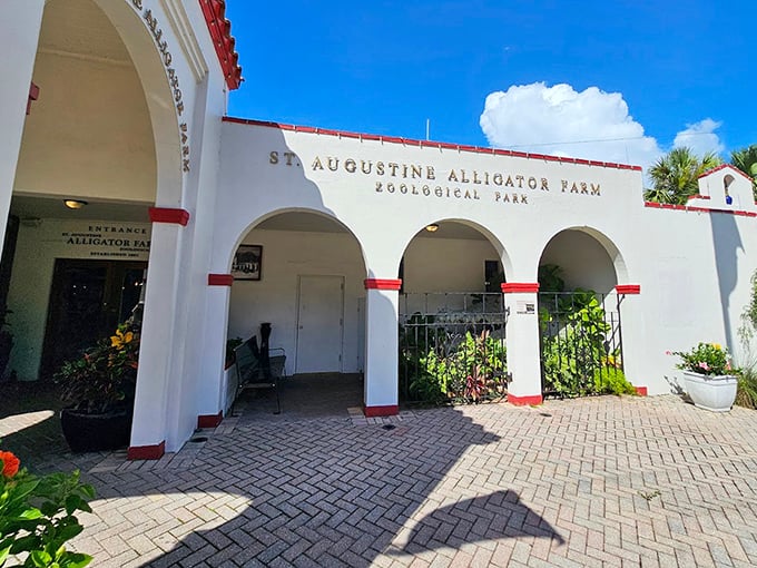 The park's Spanish colonial-style architecture features charming arched entryways that frame the beginning of your prehistoric adventure.