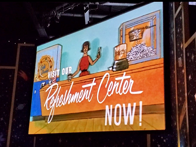 The theater screen flickers with vintage clips while diners enjoy their meals &ndash; proving that dinner and a show never goes out of style.