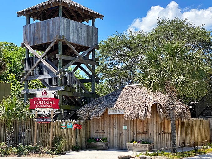 The Colonial Experience watchtower stands tall &ndash; like a wooden lighthouse guiding visitors through the sea of history.