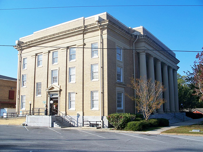 Justice columns! Chipley's imposing civic building stands like a Southern gentleman insisting on proper August attire.