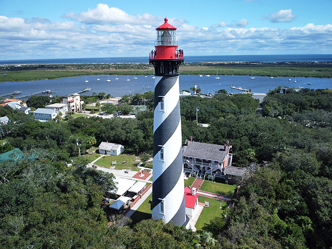 Hillsboro Inlet Lighthouse's striking black and white spiral pattern makes it one of Florida's most photogenic beacons, surrounded by palm trees swaying in the ocean breeze.