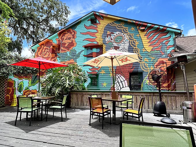 TacoLu's vibrant, art-covered building brings a splash of color to Jacksonville Beach, promising Mexican flavors with Florida flair.