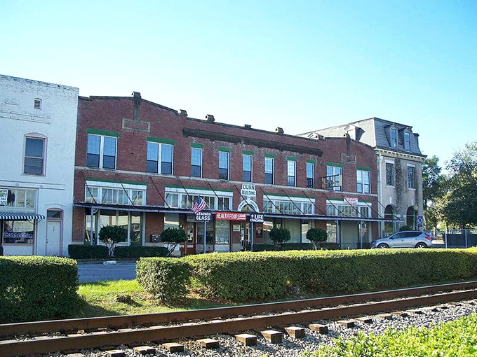 Railroad heritage! These brick businesses line up like they're still awaiting the 3 with dry goods.