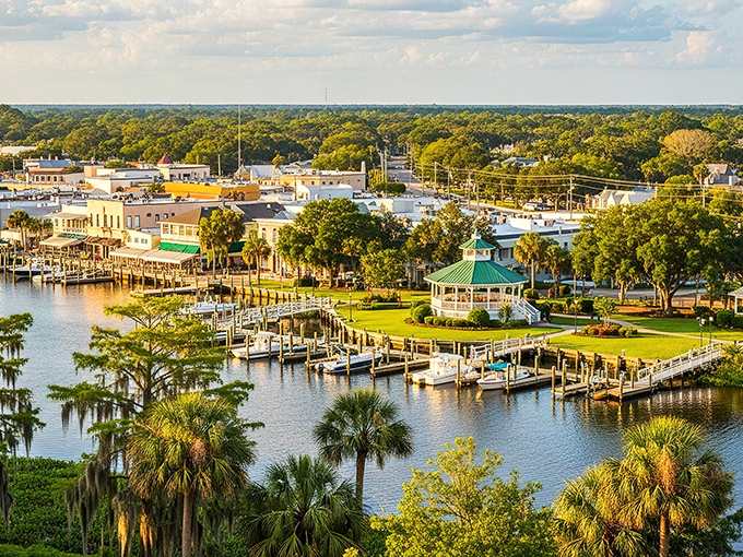 Aerial View: The perfect marriage of waterfront charm and historic downtown – Green Cove Springs from above reveals its perfect riverside setting.