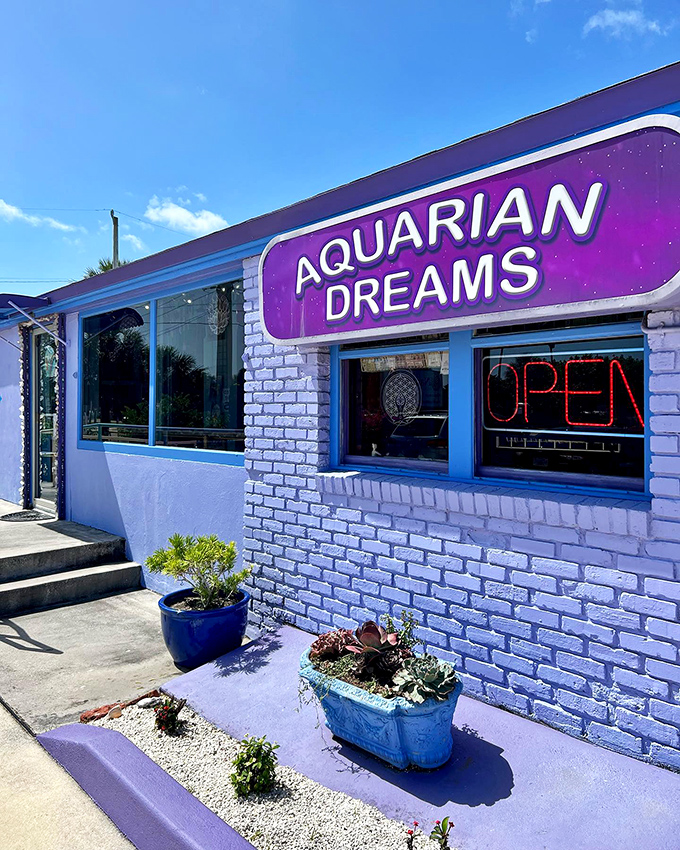 Aquarian Dreams' purple storefront beckons visitors into a world where crystals, books, and incense create an oasis of calm.
