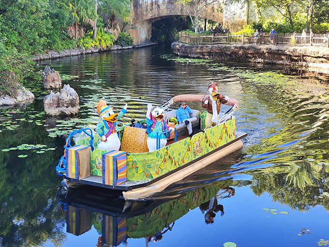Disney magic floats by as beloved characters bring storybook adventures to life, creating picture-perfect moments on tranquil waterways.
