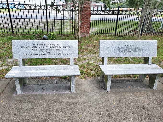 These peaceful stone benches offer a quiet place to rest and honor the dedicated individuals who shaped the local community.