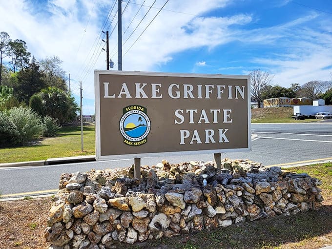 That Lake Griffin State Park sign marks the entrance to a place where time slows down and stress takes a permanent vacation, at least temporarily.