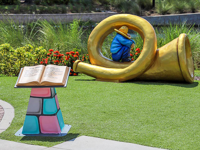 Little Boy Blue's horn creates a golden archway where storybooks come to life, inviting guests into a world of imagination.