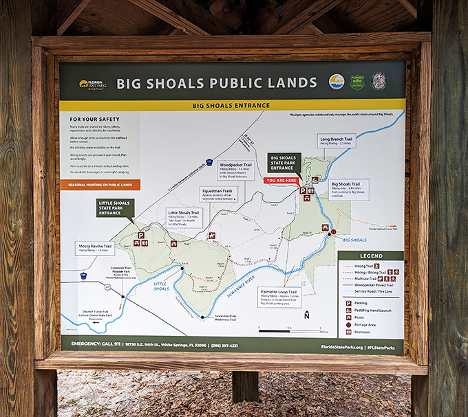 Adventure planning made easy &ndash; this trail map reveals Big Shoals' extensive network of paths for hikers, bikers, and wilderness seekers.