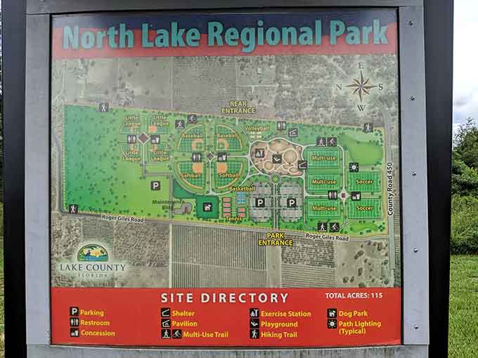 This map is your treasure guide to 115 acres of possibilities, from dog parks to playgrounds, proving that X marks multiple spots worth exploring.