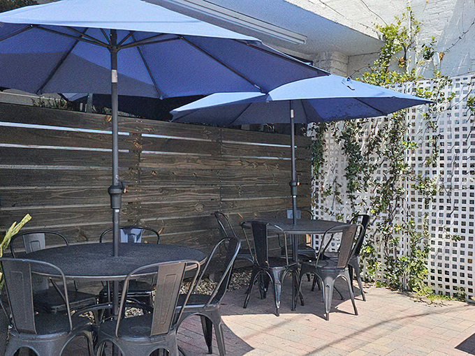 The outdoor patio offers a tranquil urban oasis where blue umbrellas shade wooden tables perfect for savoring custard treasures on Tampa's nicer days.