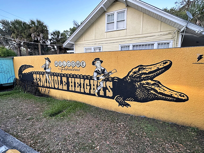 "Welcome to Fabulous Seminole Heights" &ndash; this vibrant mural captures the neighborhood's spirit with a two-headed twist on Las Vegas flair.