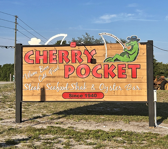 A cartoon gator lounging in a pocket&mdash;the perfect mascot for this laid-back Florida treasure since 1940.