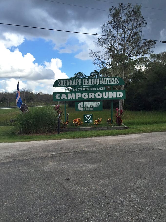 The roadside sign beckons curious travelers with promises of campgrounds, Everglades tours, and of course, potential Skunk Ape encounters.