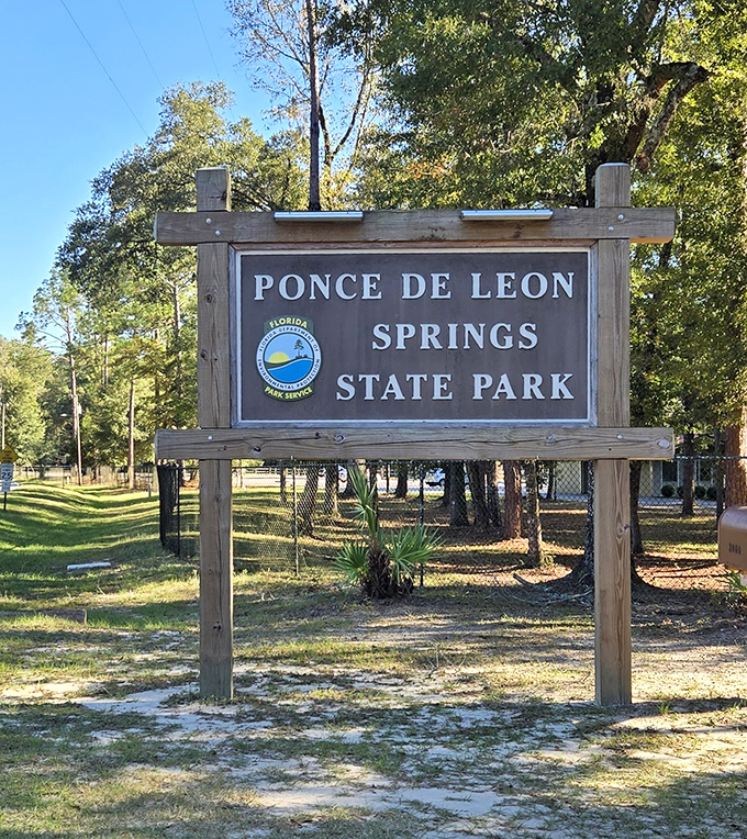 The welcoming entrance to Ponce de Leon Springs State Park, gateway to some of Florida's most magical natural experiences.