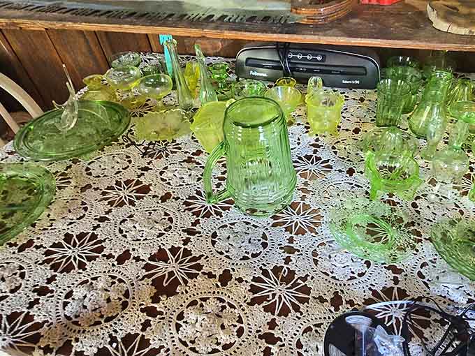 Depression glass glows green like kryptonite, proving our grandparents' generation had style even when times were impossibly tough and unforgiving.