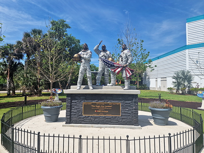 This memorial statue honors the Apollo 1 astronauts, a solemn reminder of the courage and sacrifice behind space exploration.