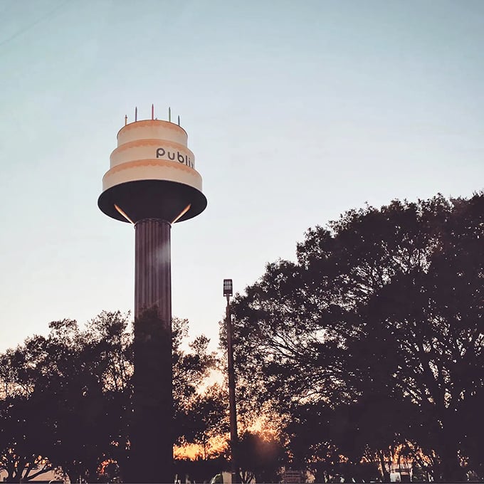 Sunset transforms the birthday cake tower into a silhouette that still manages to look deliciously whimsical against the fading light.