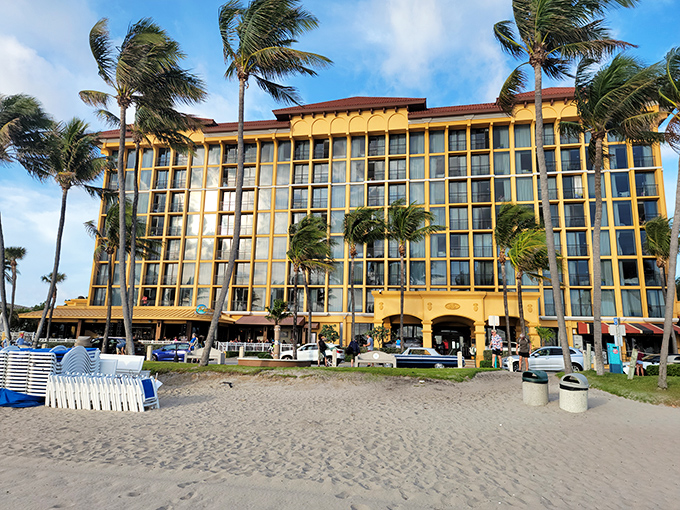 The Wyndham Deerfield Beach Hotel stands tall against swaying palms, offering rooms with views that make the "do not disturb" sign completely unnecessary.