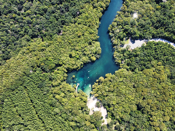 From above, the spring appears as a brilliant blue jewel set within Florida's emerald landscape &ndash; nature's perfect design revealed.
