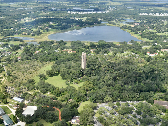 An aerial view reveals the tower's strategic hilltop position, standing like Florida's version of Excalibur &ndash; if the sword played bell concerts daily.
