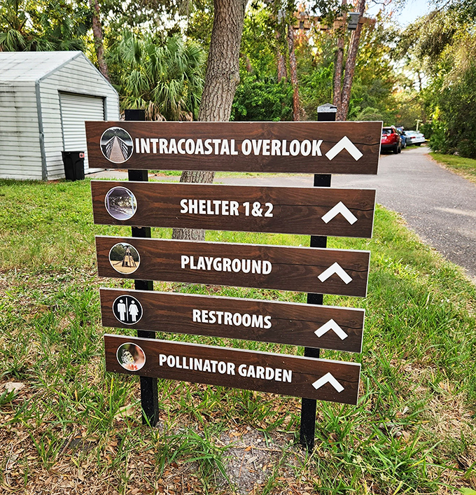 Clear signage ensures visitors don't miss any of the park's attractions, from wildlife exhibits to peaceful observation areas.