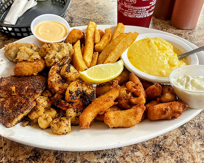A seafood medley that showcases the kitchen's mastery of the fryer &ndash; each item golden, crisp, and perfectly cooked. Diets were not meant for places like this.