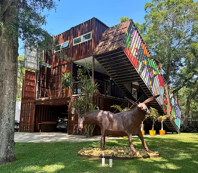 A metal horse stands sentinel on the lawn, as if to announce that this is no ordinary home but a sanctuary for the creatively adventurous.