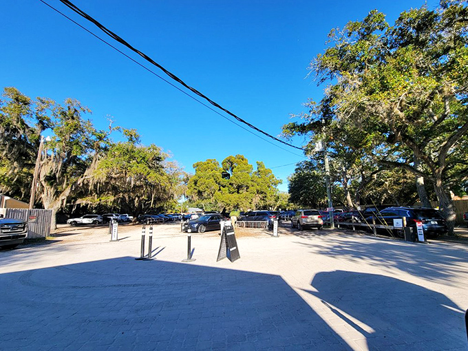Even the parking area at Cap's sets the stage for your experience, with Spanish moss creating nature's own welcoming canopy.
