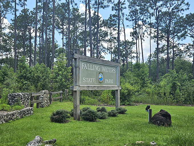 The park's entrance sign stands as a promise of the natural wonders waiting just beyond &ndash; Florida's tallest waterfall among them.