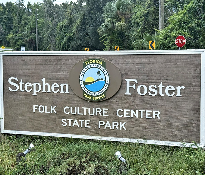 The official park sign stands as a gateway to a world where music, nature, and history harmonize in perfect Florida melody.