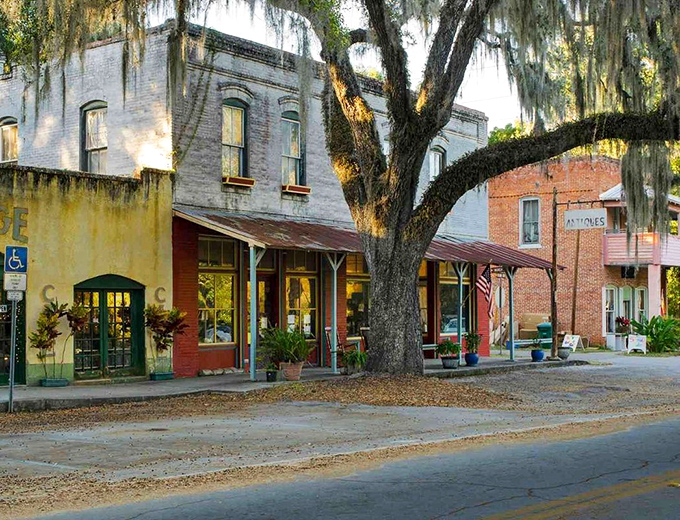 Moss theater! Micanopy's storefronts perform under nature's dramatic curtain of filtered sunlight and gray tendrils.