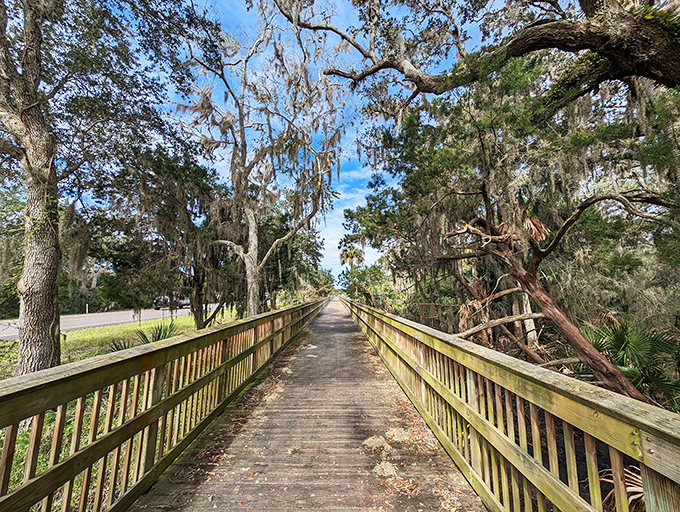 A wooden boardwalk provides access to the beach at Talbot Island, protecting the fragile dune ecosystem.