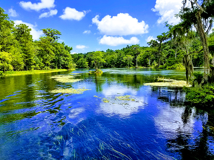 The crystal-clear waters of Wakulla Springs create a perfect mirror for the clouds above, with kayakers enjoying the pristine conditions.