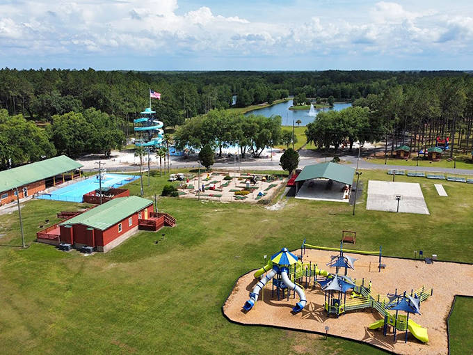 Aerial paradise where pine forests meet pristine waters. This bird's-eye view reveals why North Florida's hidden gem deserves your next family vacation.
