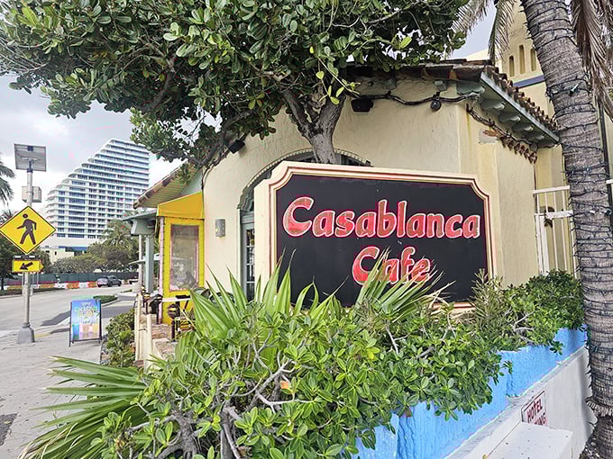 The charming exterior of Casablanca Cafe welcomes diners with its Mediterranean flair and prime beachfront location in Fort Lauderdale.