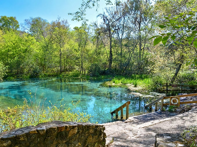 Ginnie Springs' crystal-clear turquoise waters create a natural paradise framed by lush greenery and wooden walkways.