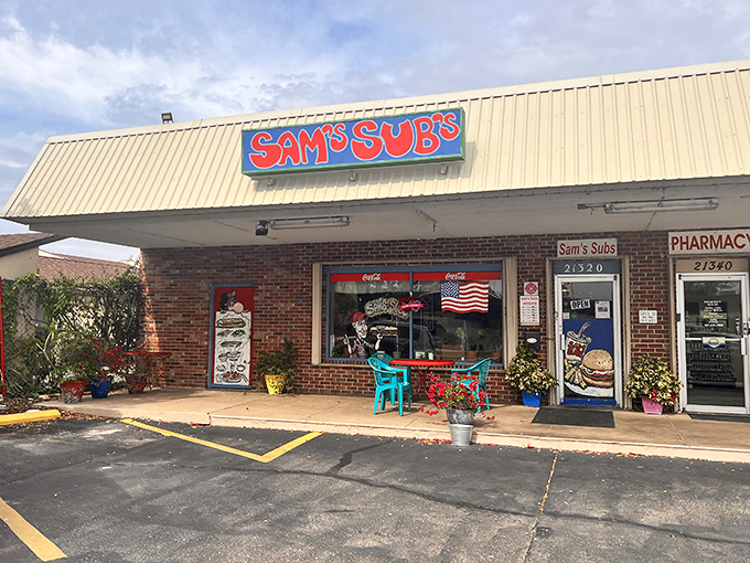 Sam's Subs' cheerful storefront welcomes hungry visitors with bright flowers and colorful outdoor seating. A sandwich paradise hiding in plain sight!
